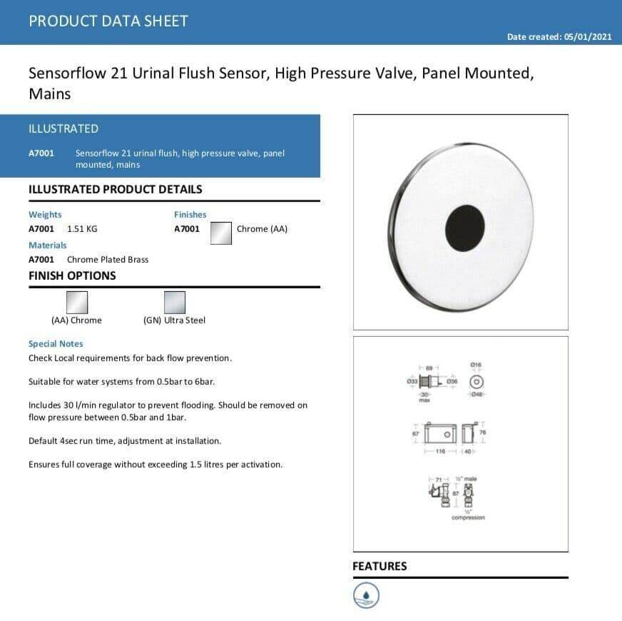 Armitage Shanks A7058AA Sensorflow 21 panel mounted urinal flush sensor ...