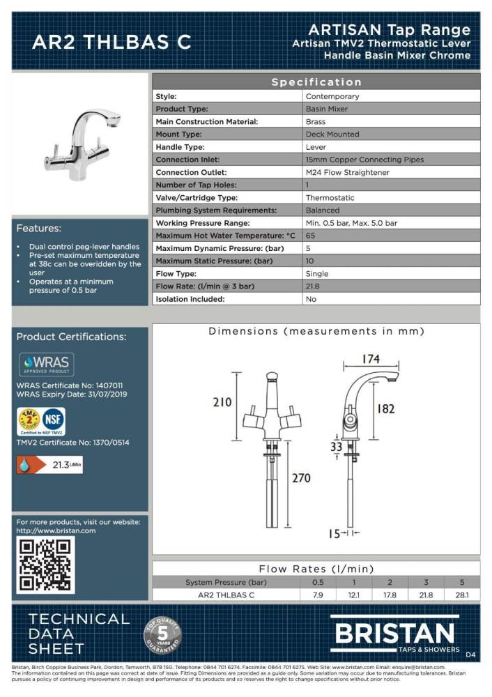 Bristan Artisan thermostatic basin mixer tap + lever handles TMV2. AR2 ...